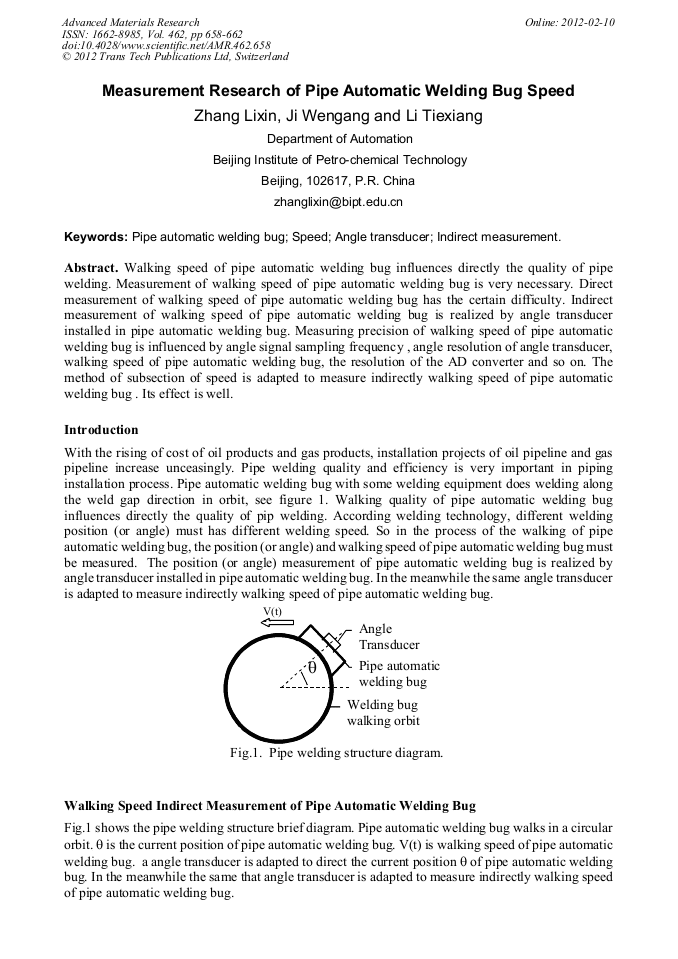 Measurement Research of Pipe Automatic Welding Bug Speed | Scientific.Net