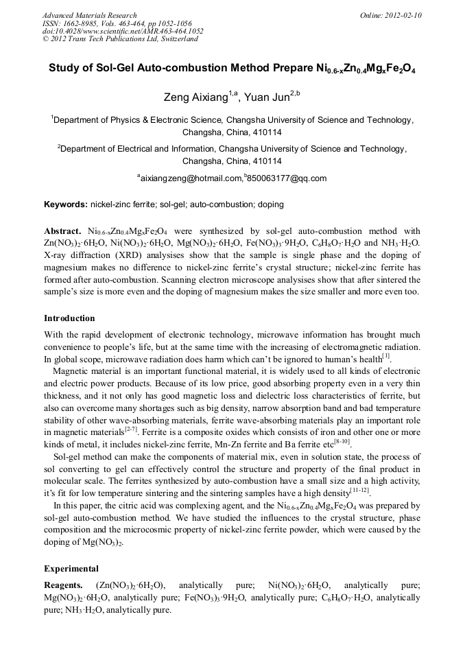 Study of Sol-Gel Auto-Combustion Method Prepare Ni0.6-xZn0.4MgxFe2O4 ...