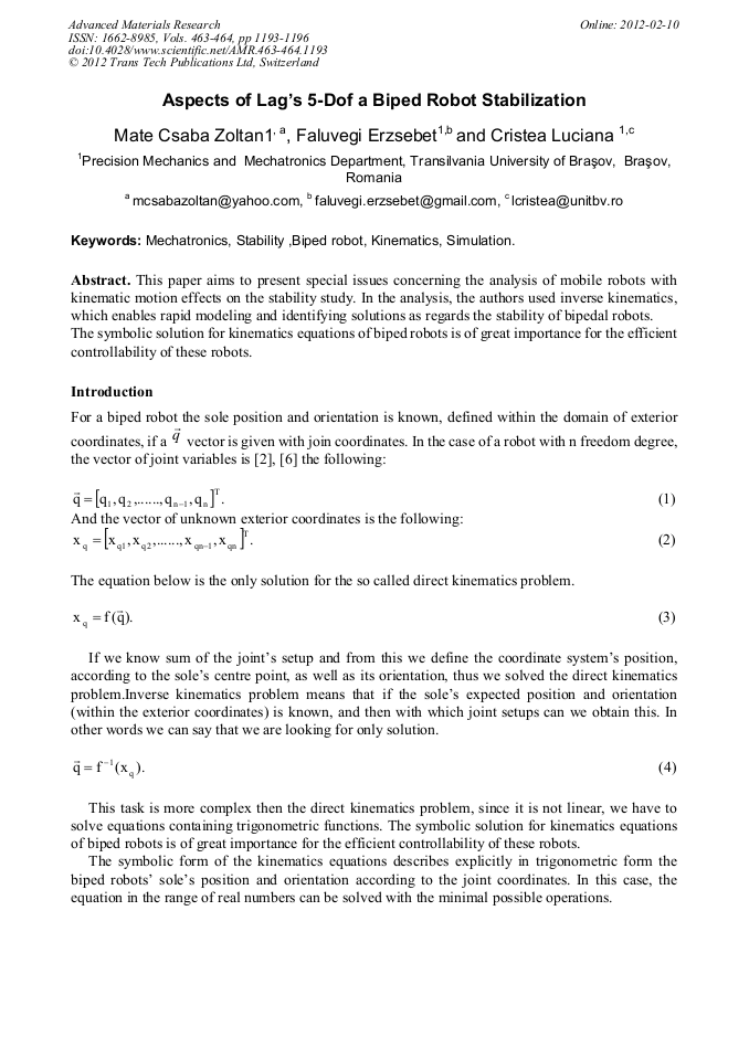 Aspects of Lag's 5-Dof a Biped Robot Stabilization | Scientific.Net