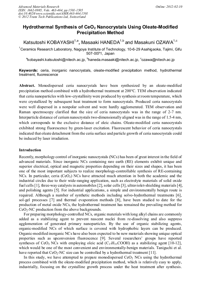 Hydrothermal Synthesis of CeO2 Nanocrystals Using Oleate-Modified ...