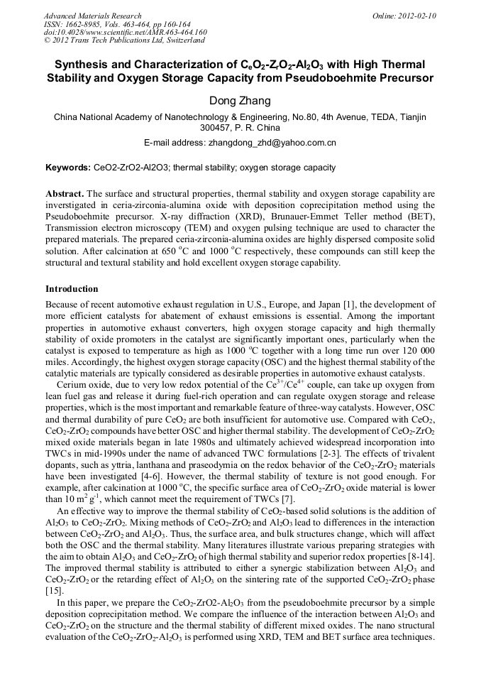 Synthesis and Characterization of CeO2-ZrO2-Al2O3 with High Thermal ...