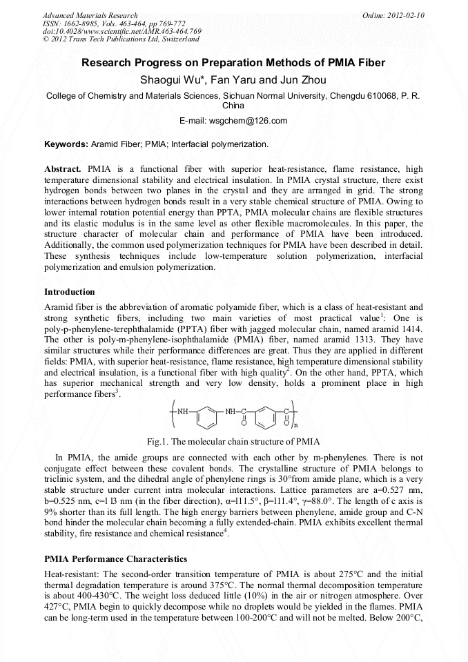 Research Progress on Preparation Methods of PMIA Fiber | Scientific.Net