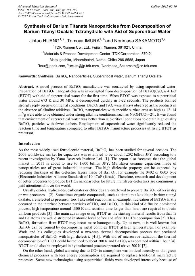Synthesis of Barium Titanate Nanoparticles from Decomposition of Barium ...