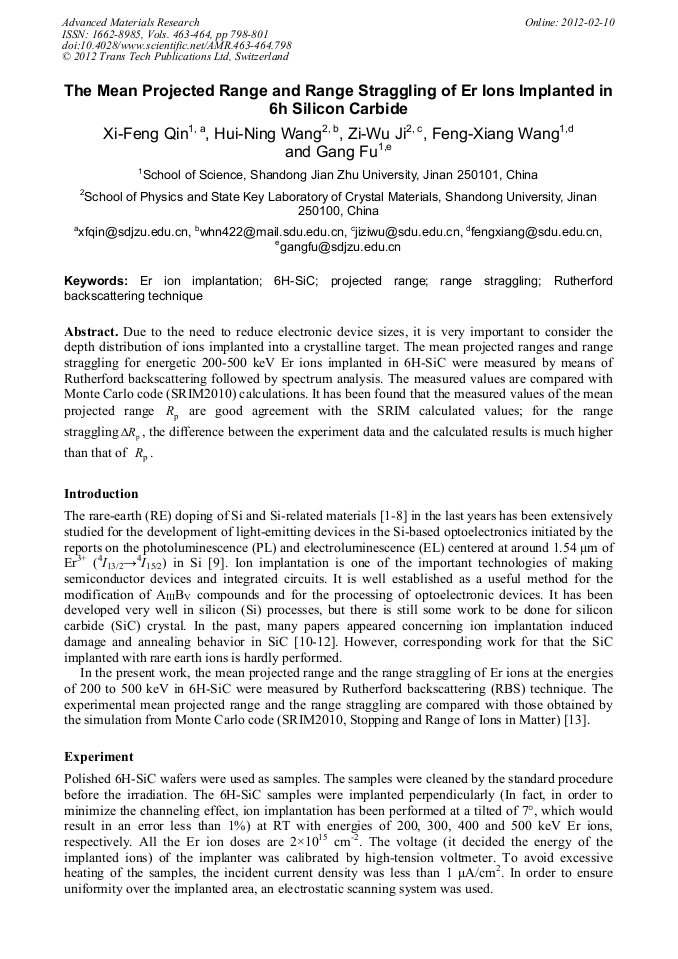 The Mean Projected Range and Range Straggling of Er Ions Implanted in ...