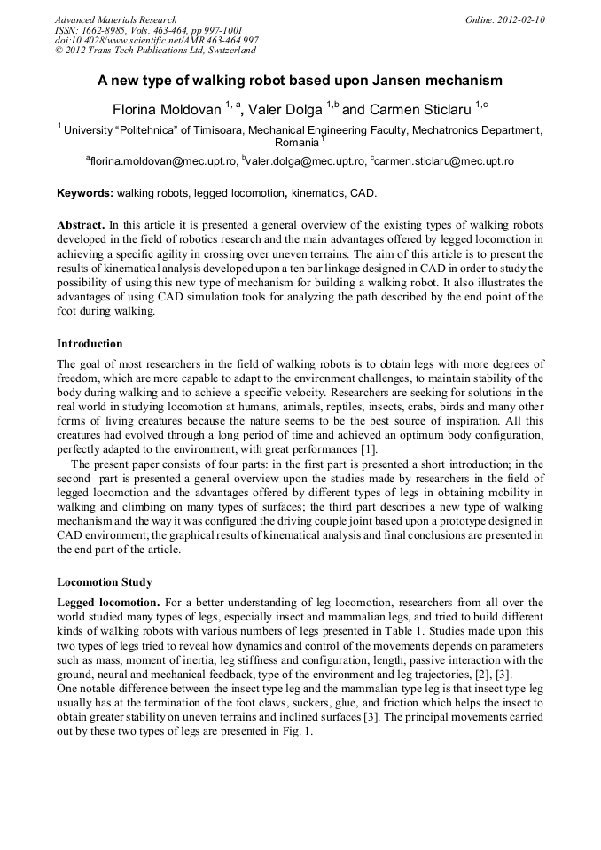 A New Type of Walking Robot Based upon Jansen Mechanism | Scientific.Net