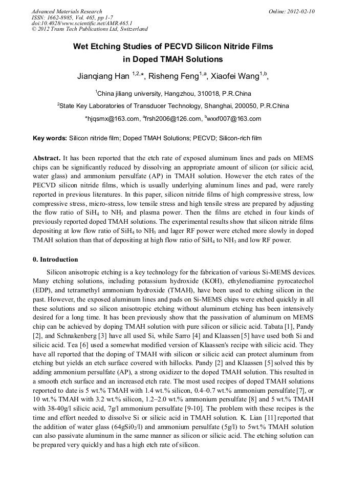 Wet Etching Studies of PECVD Silicon Nitride Films in Doped TMAH ...