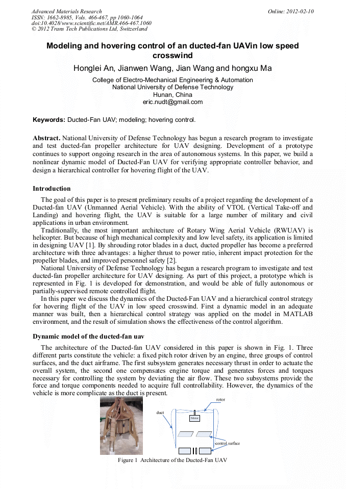 Modeling and Hovering Control of an Ducted-Fan UAV in Low Speed ...