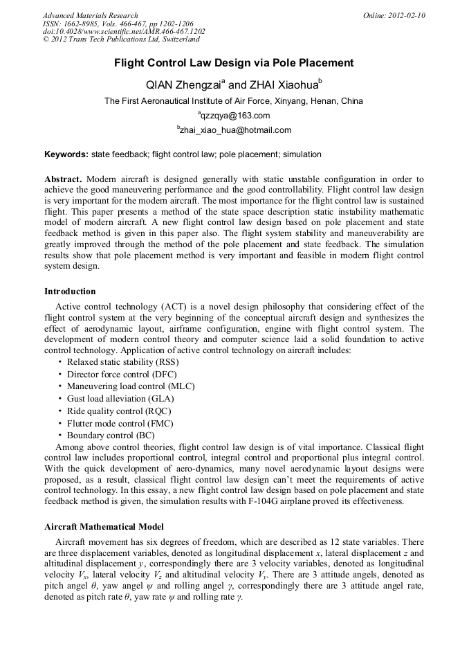 Flight Control Law Design via Pole Placement | Scientific.Net