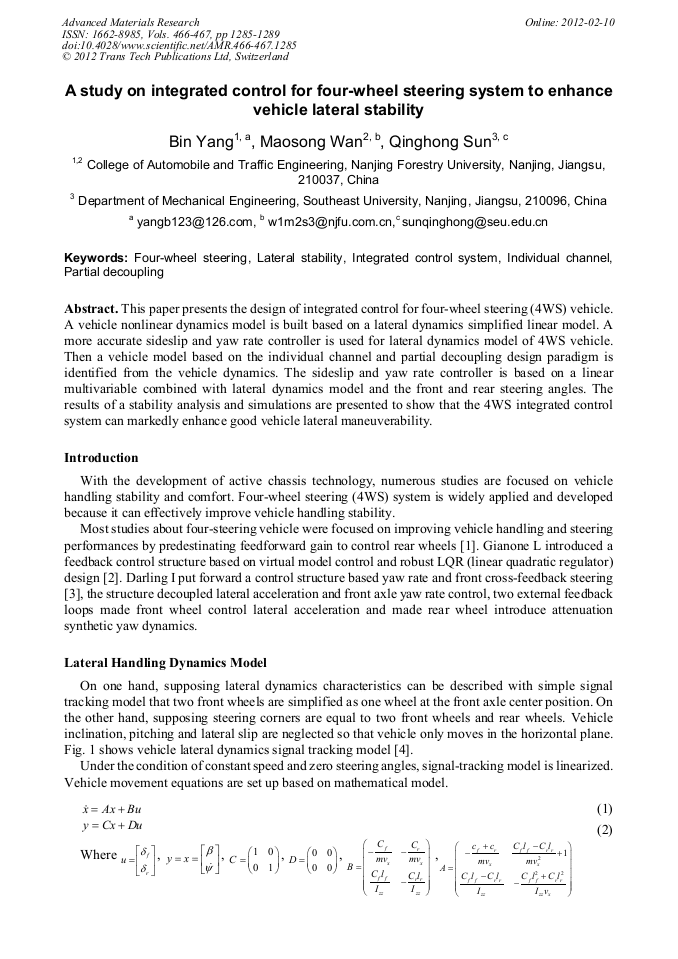 A Study on Integrated Control for Four-Wheel Steering System to Enhance ...