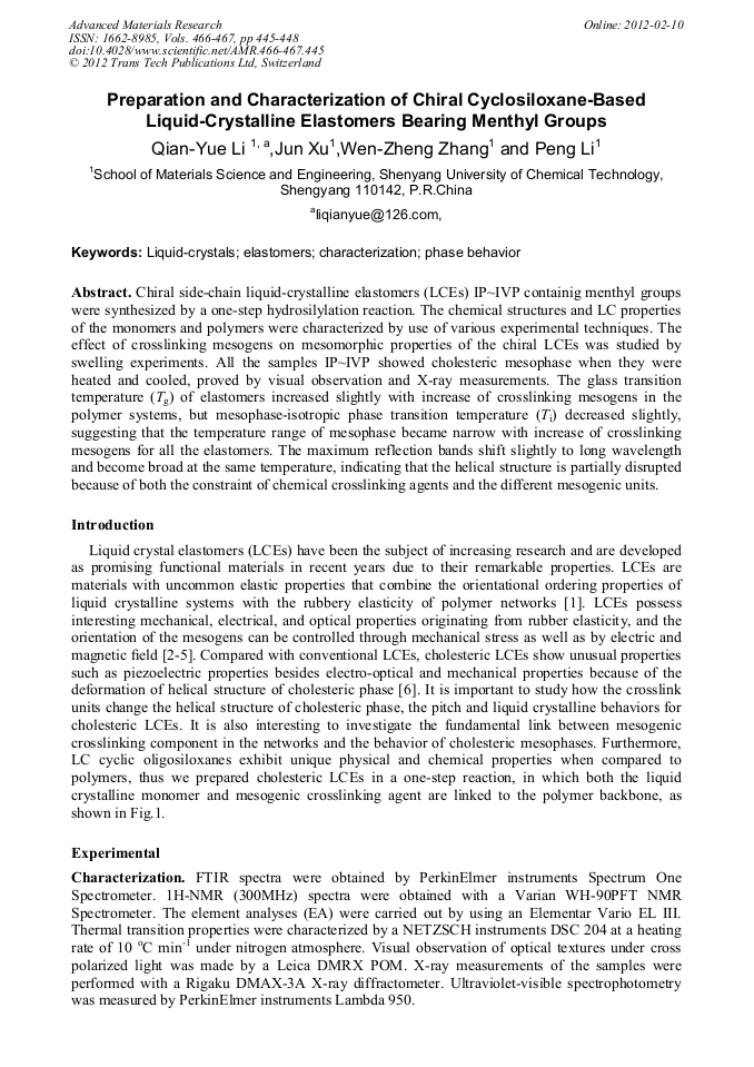 Preparation and Characterization of Chiral Cyclosiloxane-Based Liquid ...