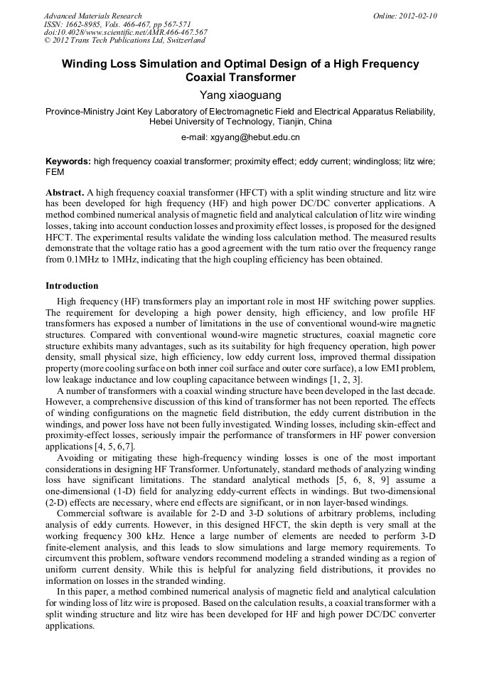 Winding Loss Simulation and Optimal Design of a High Frequency Coaxial ...