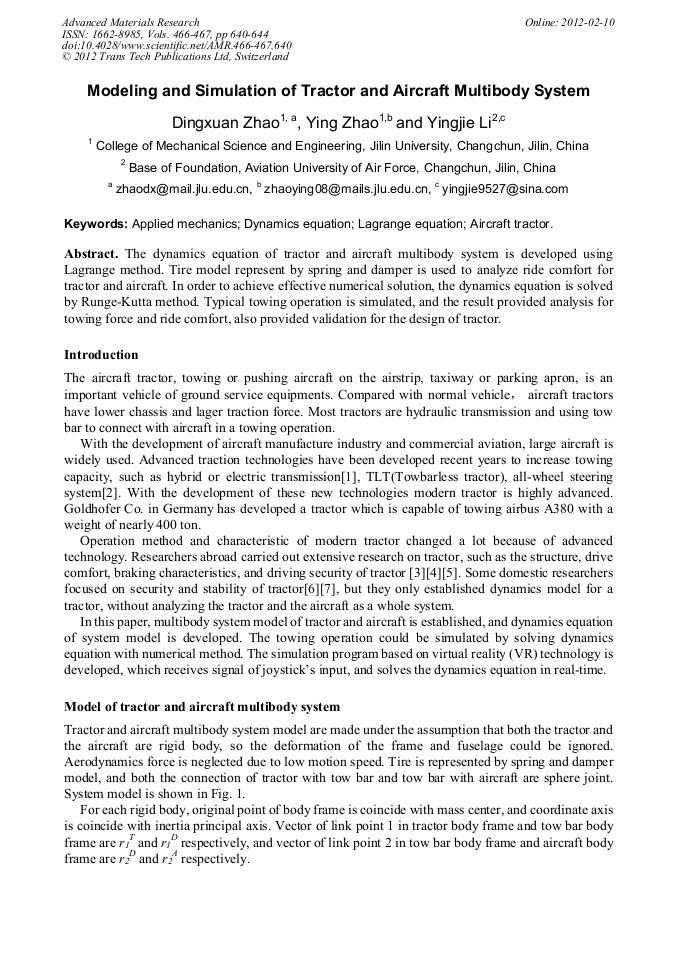 Modeling and Simulation of Tractor and Aircraft Multibody System ...