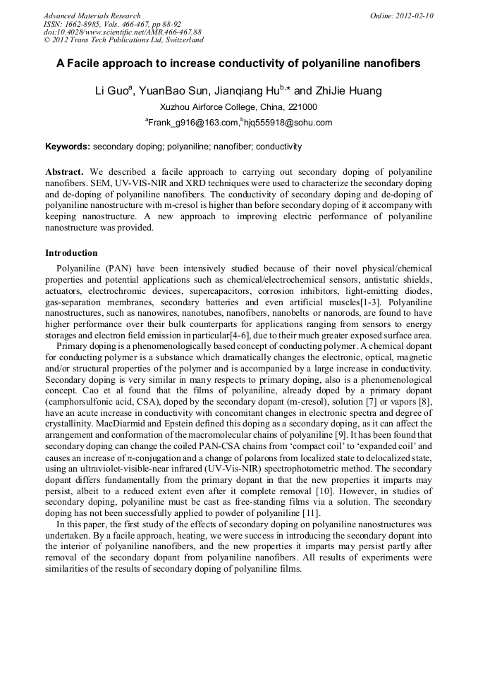 A Facile Approach to Increase Conductivity of Polyaniline Nanofibers ...