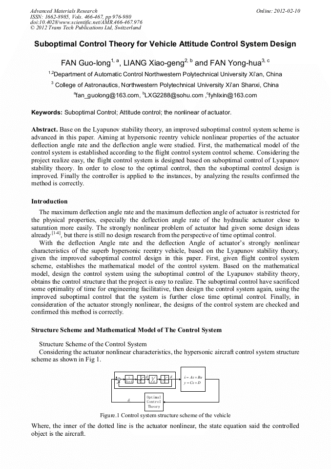 Suboptimal Control Theory for Vehicle Attitude Control System Design ...
