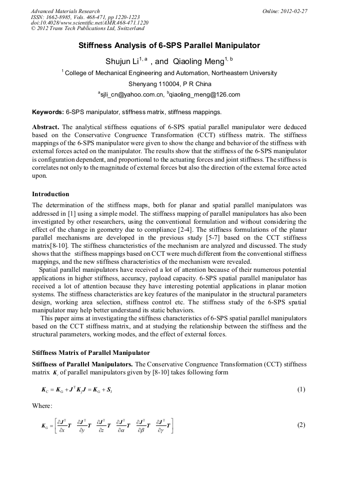 Stiffness Analysis of 6-SPS Parallel Manipulator | Scientific.Net