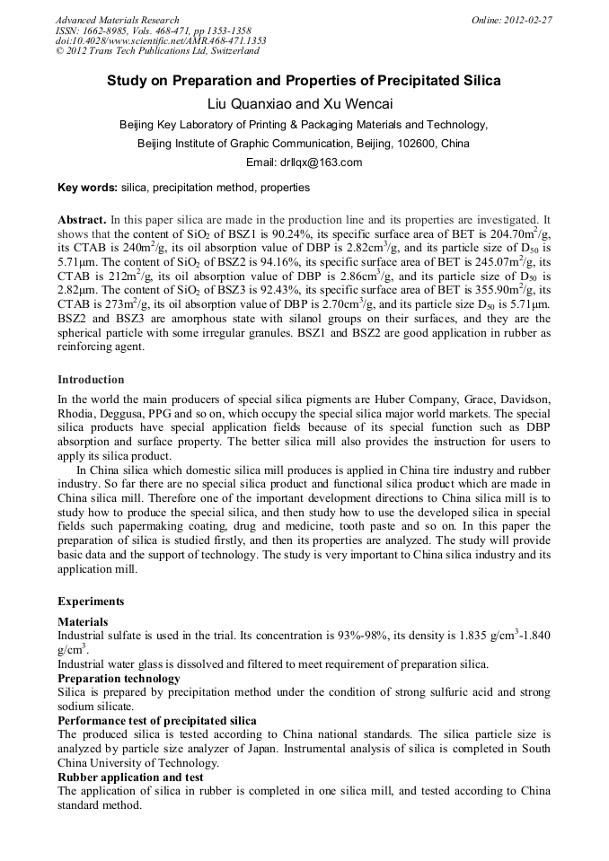Study on Preparation and Properties of Precipitated Silica | Scientific.Net