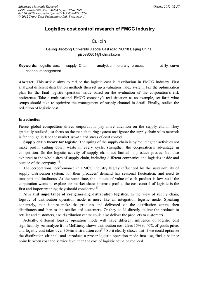 Logistics Cost Control Research of FMCG Industry | Scientific.Net