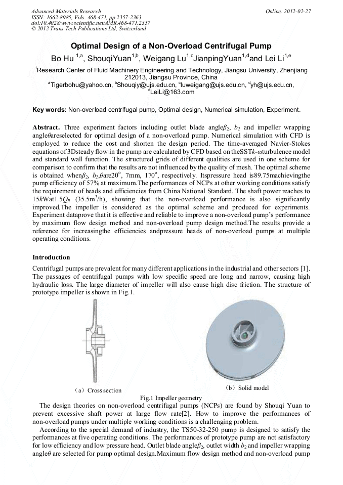 Optimal Design of a Non-Overload Centrifugal Pump | Scientific.Net