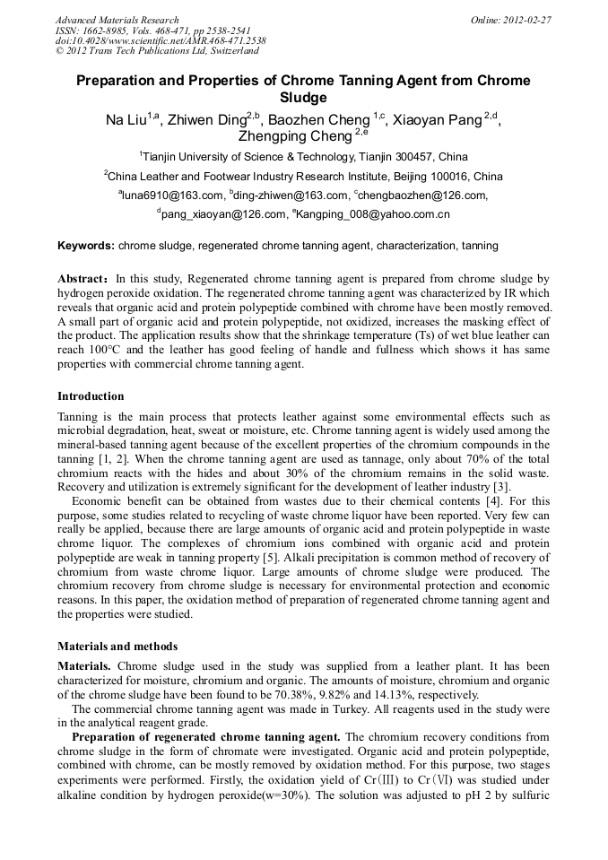 Preparation and Properties of Chrome Tanning Agent from Chrome Sludge ...