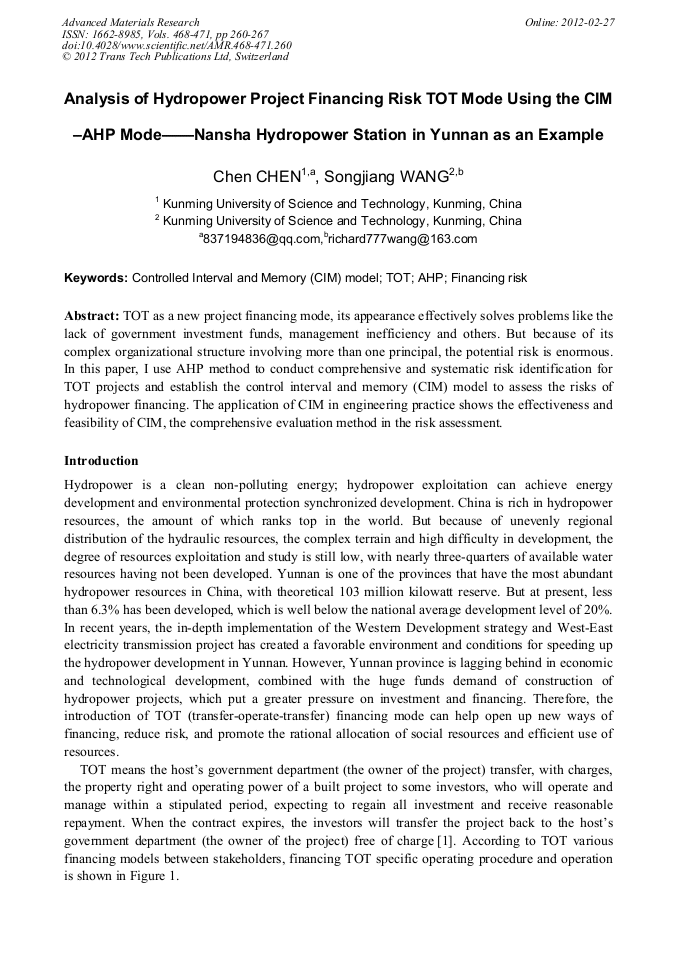 Analysis of Hydropower Project Financing Risk TOT Mode Using the CIM ...