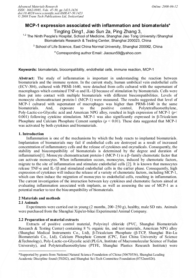 MCP-1 Expression Associated with Inflammation and Biomaterials ...