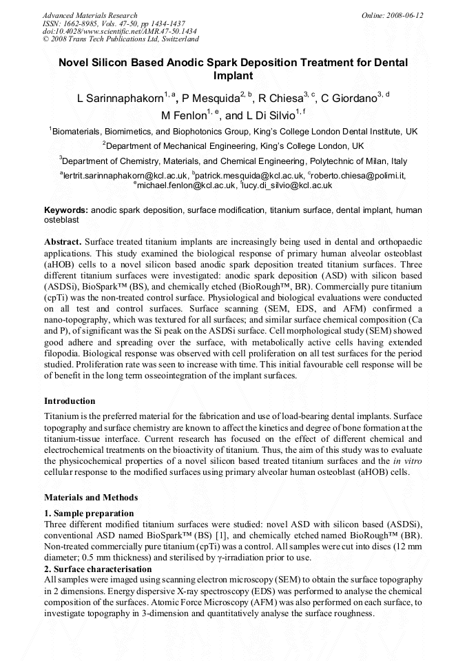 Novel Silicon Based Anodic Spark Deposition Treatment for Dental ...