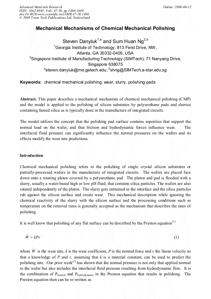 Mechanical Mechanisms of Chemical Mechanical Polishing | Scientific.Net