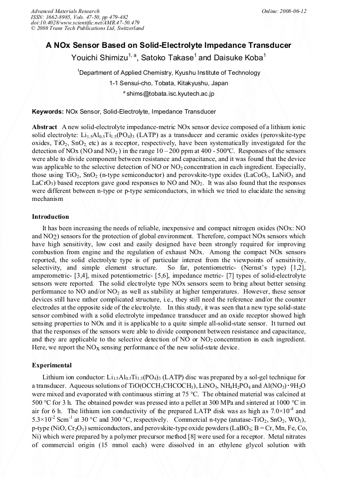 A NOx Sensor Based on Solid-Electrolyte Impedance Transducer ...