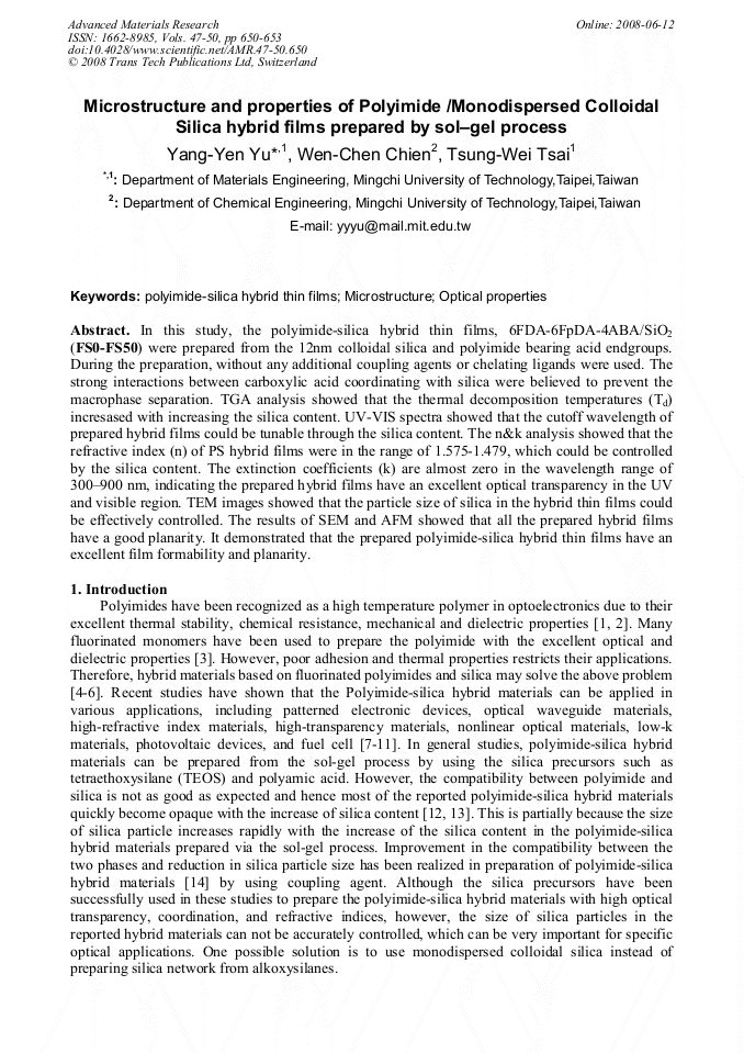 Microstructure and Properties of Polyimide /Monodispersed Colloidal ...