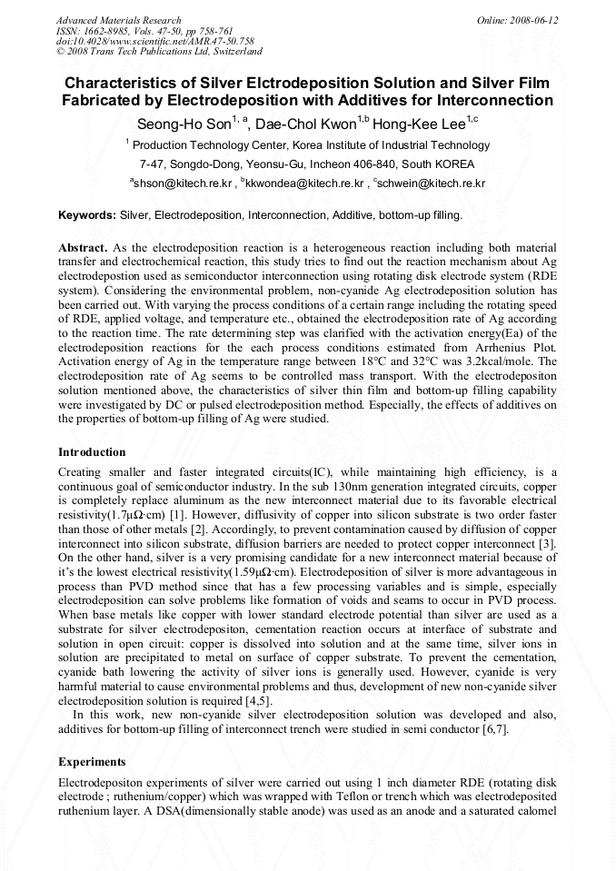Characteristics of Silver Electrodeposition Solution and Silver Film ...