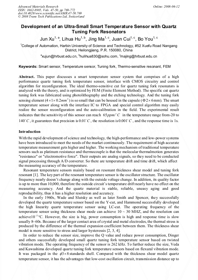 Development of an Ultra-Small Smart Temperature Sensor with Quartz Tuning Fork Resonators ...