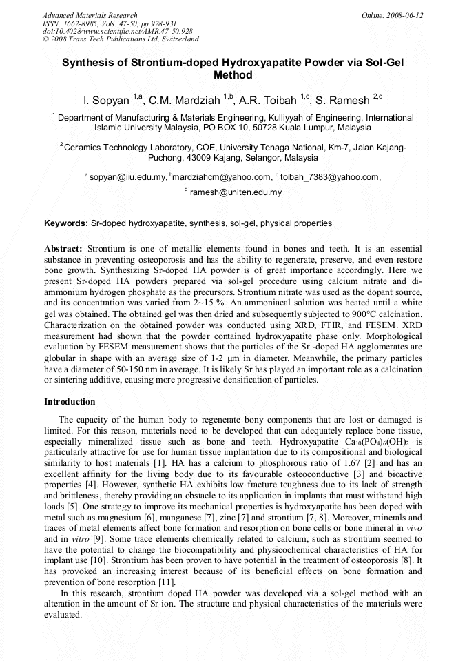 Synthesis of Strontium-Doped Hydroxyapatite Powder via Sol-Gel Method | Scientific.Net