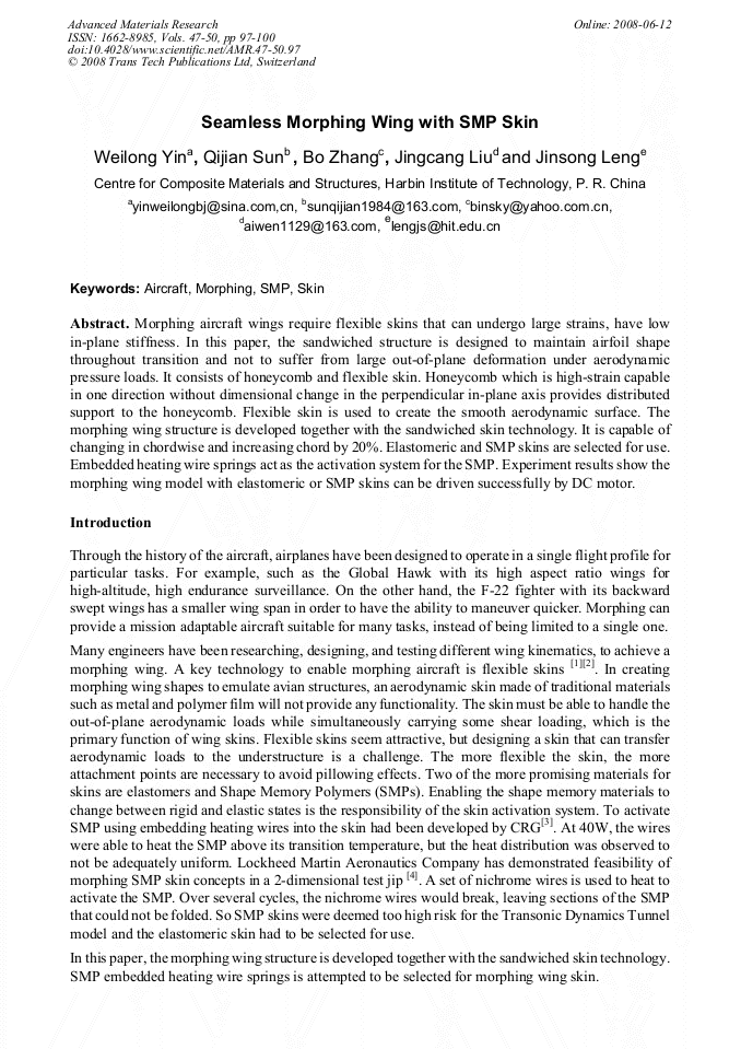 Seamless Morphing Wing with SMP Skin | Scientific.Net