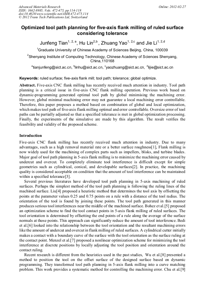 Optimized Tool Path Planning for Five-Axis Flank Milling of Ruled Surface Considering Tolerance ...