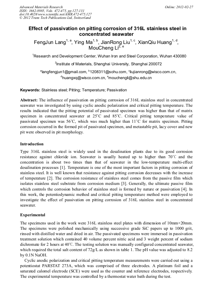 Effect of Passivation on Pitting Corrosion of 316L Stainless Steel in ...