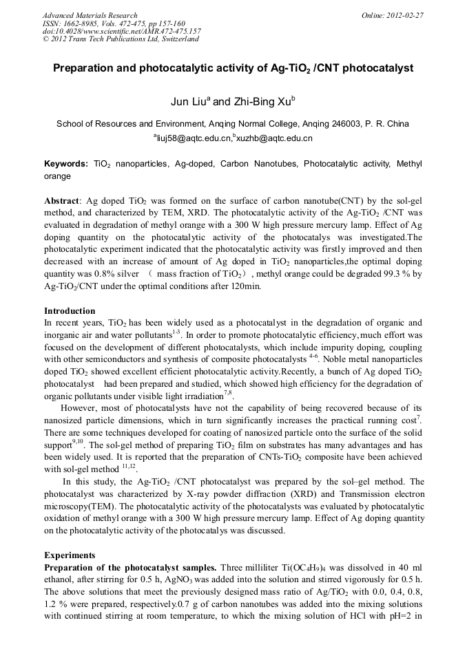 Preparation and Photocatalytic Activity of Ag-TiO2/CNT Photocatalyst ...