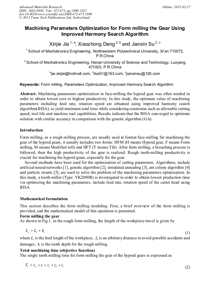 Machining Parameters Optimization for Form Milling the Gear Using ...