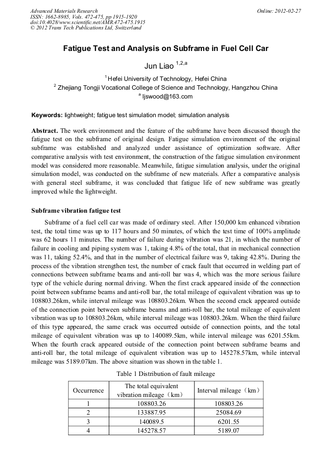 Fatigue Test and Analysis on Subframe in Fuel Cell Car | Scientific.Net