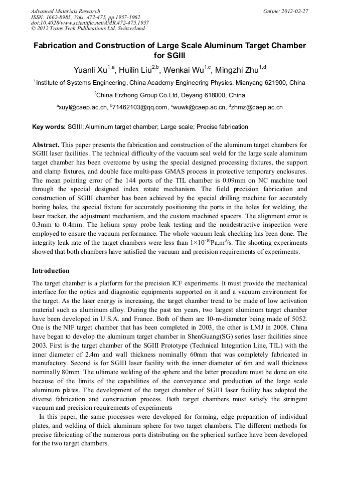 Fabrication and Construction of Large Scale Aluminum Target Chamber for ...
