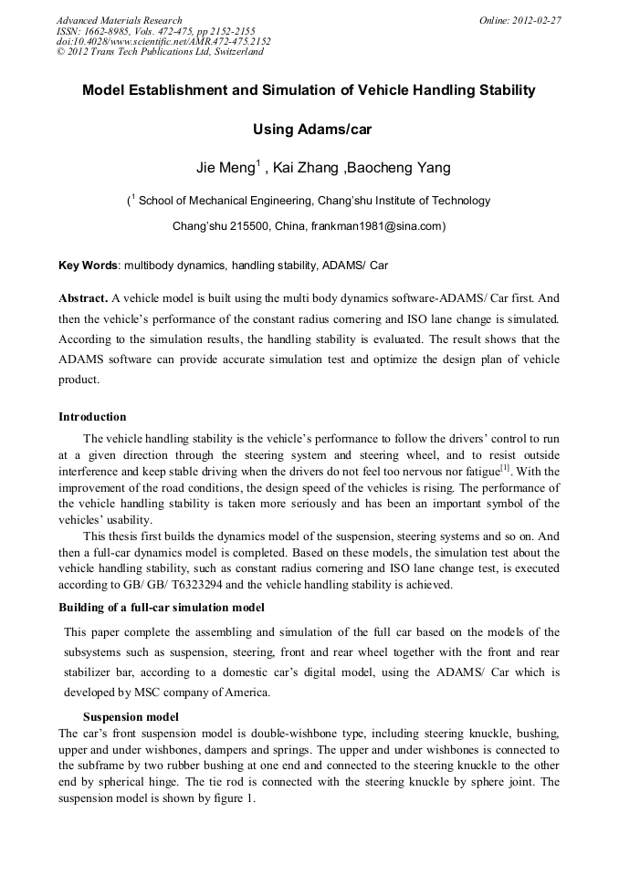 Model Establishment and Simulation of Vehicle Handling Stability Using ...