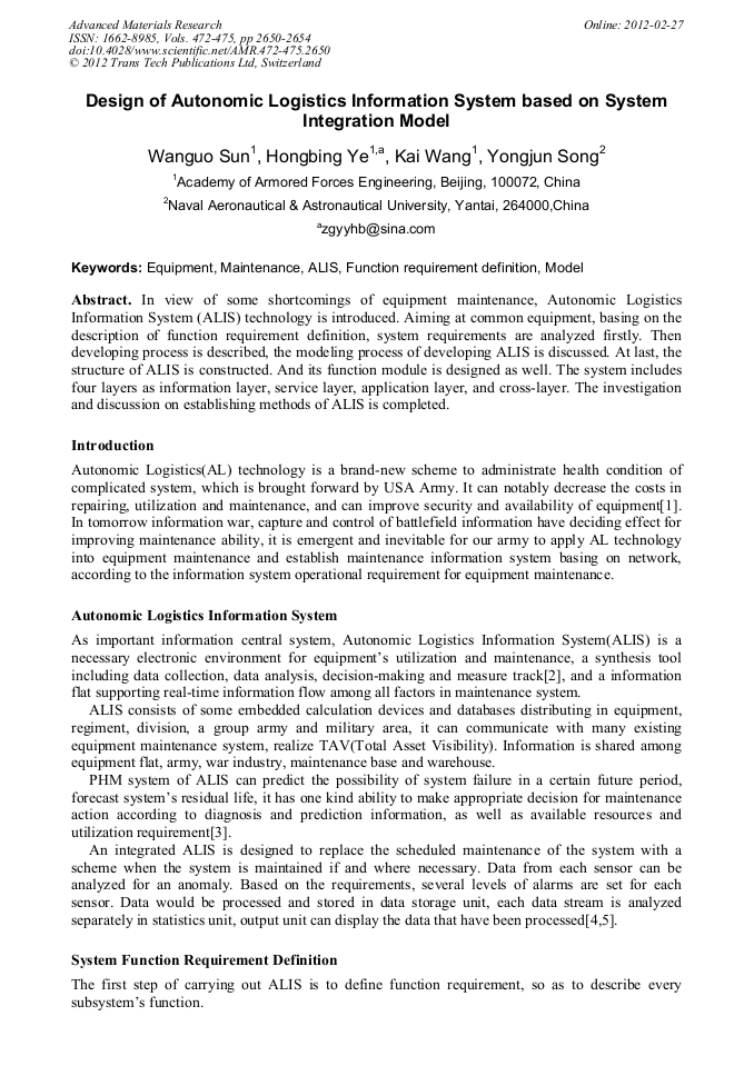 Design of Autonomic Logistics Information System Based on System Integration Model | Scientific.Net