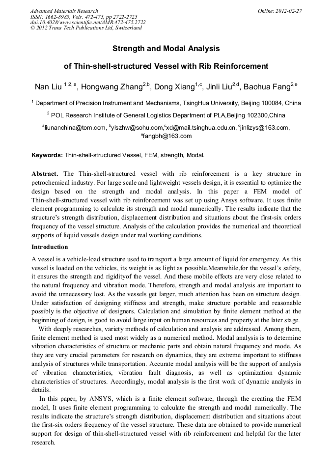 Strength and Modal Analysis of Thin-Shell-Structured Vessel with Rib ...