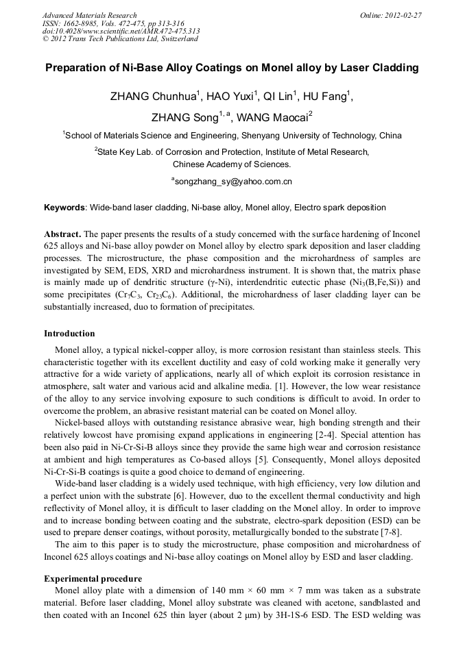 Preparation of Ni-Base Alloy Coatings on Monel Alloy by Laser Cladding ...
