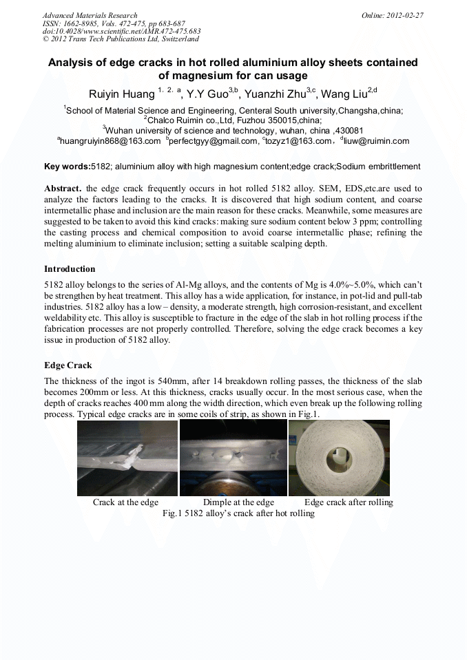Analysis of Edge Cracks in Hot Rolled Aluminium Alloy Sheets Contained ...