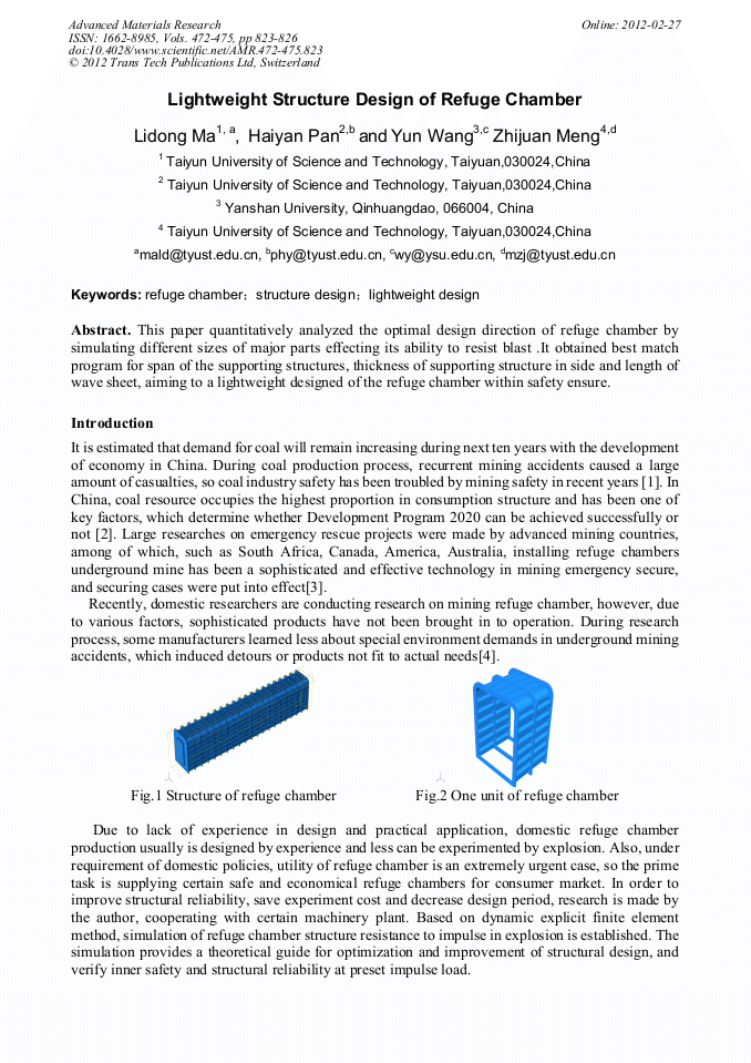 Lightweight Structure Design of Refuge Chamber | Scientific.Net