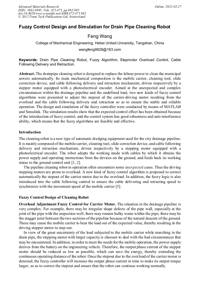 Fuzzy Control Design and Simulation for Drain Pipe Cleaning Robot ...