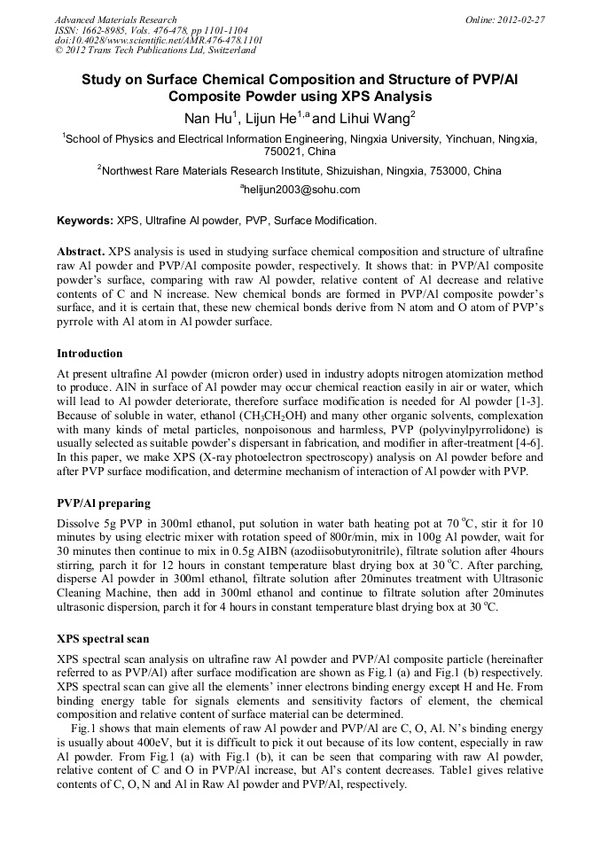 Study on Surface Chemical Composition and Structure of PVP/Al Composite ...