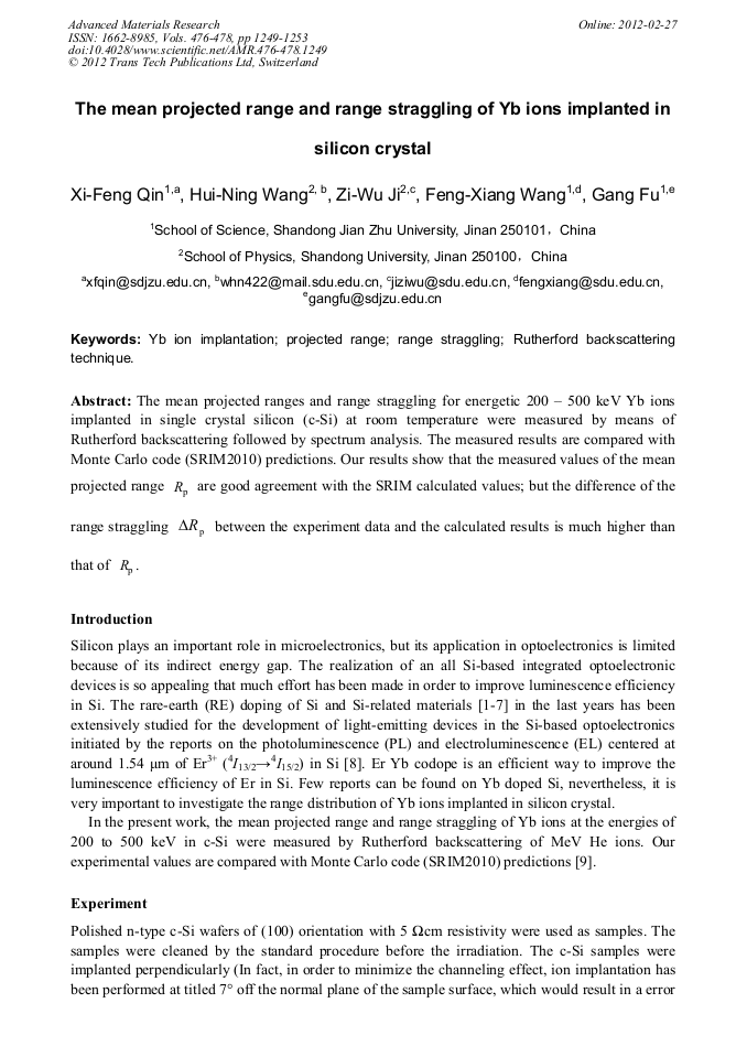 The Mean Projected Range and Range Straggling of Yb Ions Implanted in ...