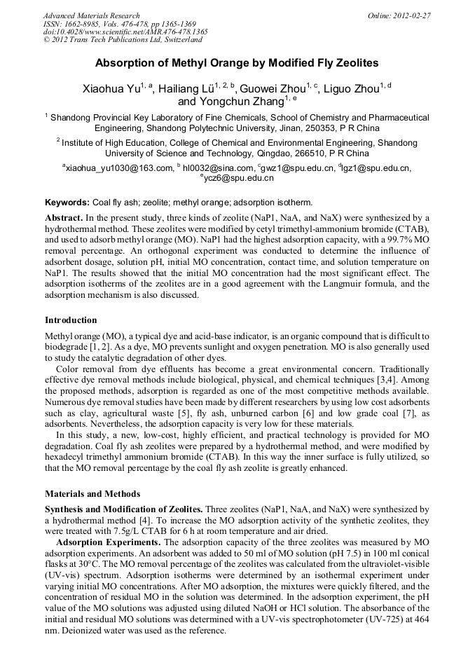 Absorption of Methyl Orange by Modified Fly Zeolites | Scientific.Net