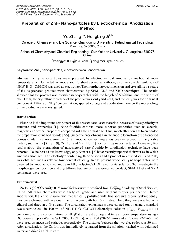 Preparation of ZnF2 Nano-Particles by Electrochemical Anodization ...
